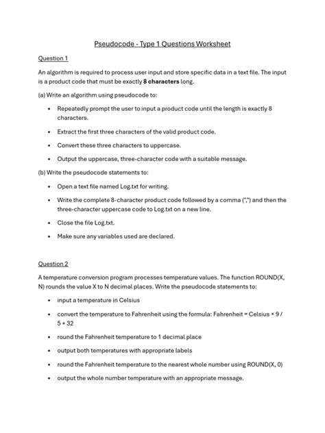 Pseudocode Type 1 Questions Worksheet Pdf String Computer