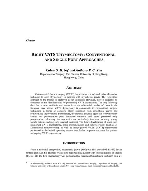 Pdf Right Vats Thymectomy Conventional And Single Port Approaches