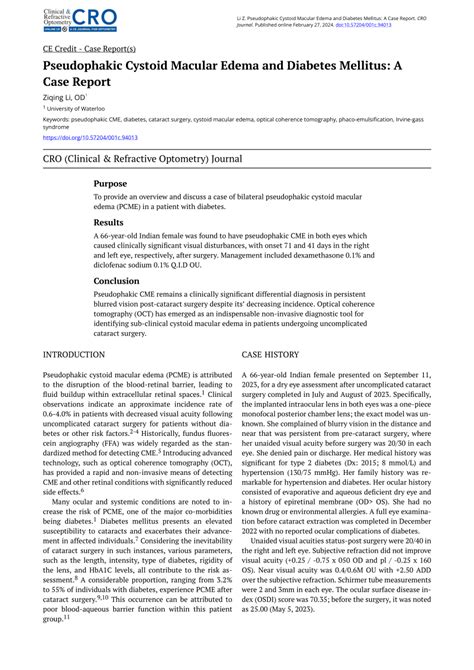 Pdf Pseudophakic Cystoid Macular Edema And Diabetes Mellitus A Case Report