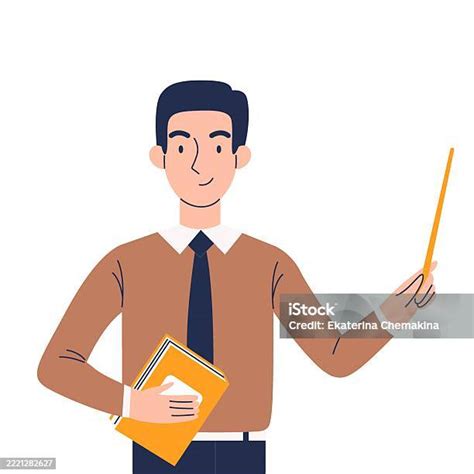만화 플랫 스타일의 포인터와 책을 손에 들고 웃는 남자 교사 벡터 일러스트레이션은 흰색 배경에 분리되어 있습니다 갈색에 대한 스톡 벡터 아트 및 기타 이미지 Istock
