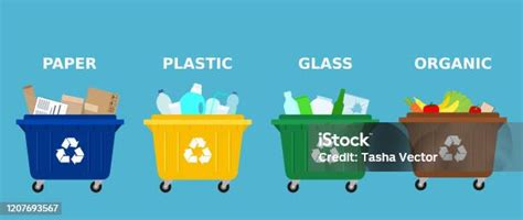 종이 플라스틱 유리 및 재활용에 적합한 유기 폐기물과 다른 색깔의 쓰레기 통 0명에 대한 스톡 벡터 아트 및 기타 이미지 0