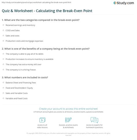 Quiz And Worksheet Calculating The Break Even Point