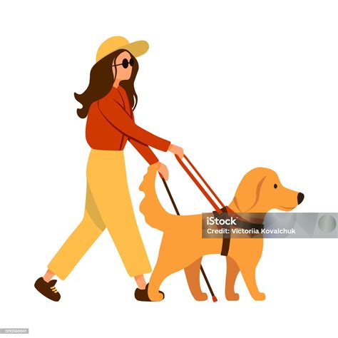 안내견 리드 옆에 막대기 산책을 가진 맹인 여성 골든 리트리버와 흰색 배경 만화 스타일에 고립 된 인간 포스터 배너 전단지 웹 모형 비즈니스 회사 사인을위한 플랫 디자인