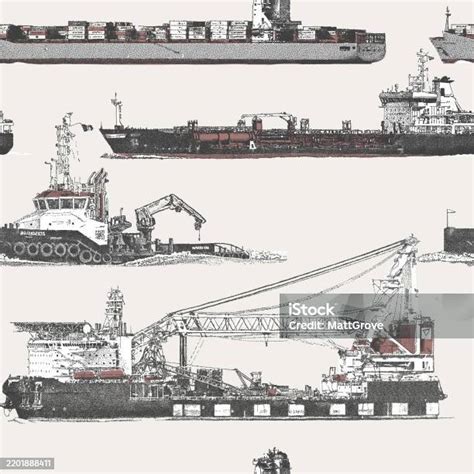 산업용 선박이 반복됩니다 화물 화물 준설선 크레인 예인선 교통수단에 대한 스톡 벡터 아트 및 기타 이미지 교통수단 기업 재무와 산업 무역 Istock