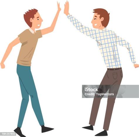 두 남자 주는 하이 파이브 서로 두 사람의 만남 인사말 의 Freinds 벡터 일러스트 5명에 대한 스톡 벡터 아트 및 기타 이미지 5명 개념 긍정적인 감정 표현