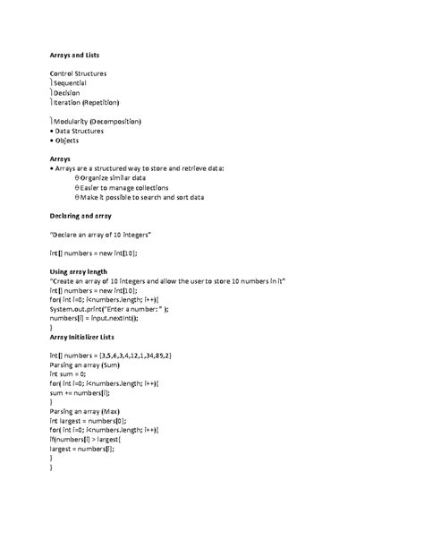 Comp 600 Lecture Notes 3 Arrays And Lists Control Structures