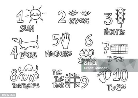 숫자와 카운트 연습 인쇄 포스터 유치원 유치원 아이들을위한 워크 시트 윤곽이 있는 숫자 플래시 카드 아이들을위한 색칠 하기 페이지 0명에 대한 스톡 벡터 아트 및 기타