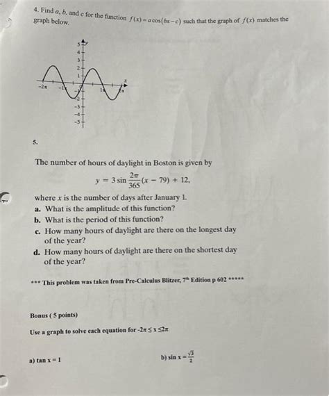 Solved 4 Find Ab And C For The Function Fxacosbx−c