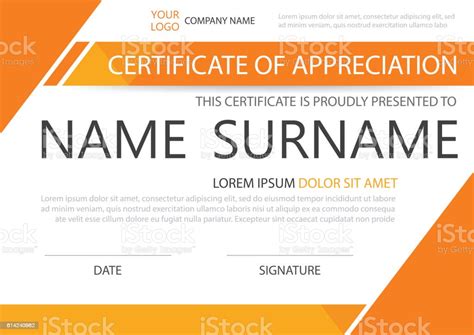 벡터 일러스트레이션 화이트 프레임 인증서 템플릿이 있는 주황색 우아함 수평 인증서 0명에 대한 스톡 벡터 아트 및 기타 이미지 0명 금 금속 금색 Istock