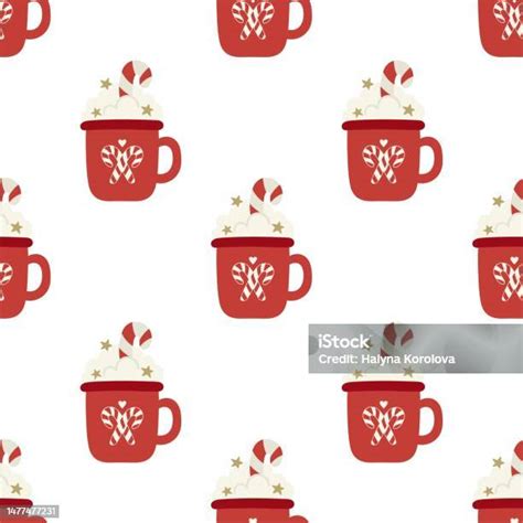 핫 초콜릿과 크리스마스 장식이 있는 마시멜로가 있는 귀여운 컵 사탕과 카카오 빨간 머그잔 겨울 축제 완벽 한 패턴입니다 감정에 대한 스톡 벡터 아트 및 기타 이미지 Istock