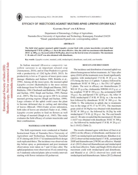 Pdf Efficacy Of Insecticides Against Mustard Aphid Lipaphis Erysimi Kalt