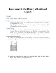 Lab 2 Prelab 1 3 Docx Experiment 2 The Density Of Solids And Liquids Prelab Name Babe