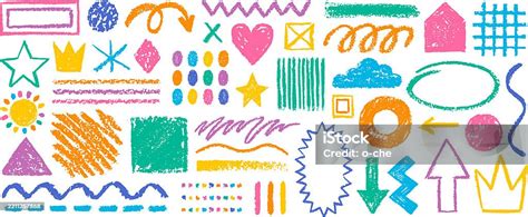 크레용 연필 모양 형태 및 선 벡터는 컬러 브러시 질감으로 설정됩니다 낙서 페인트 배경입니다 분필로 손으로 그린 요소입니다 스케치 아이 낙서 추상 어린이 Bg 크레용 모양