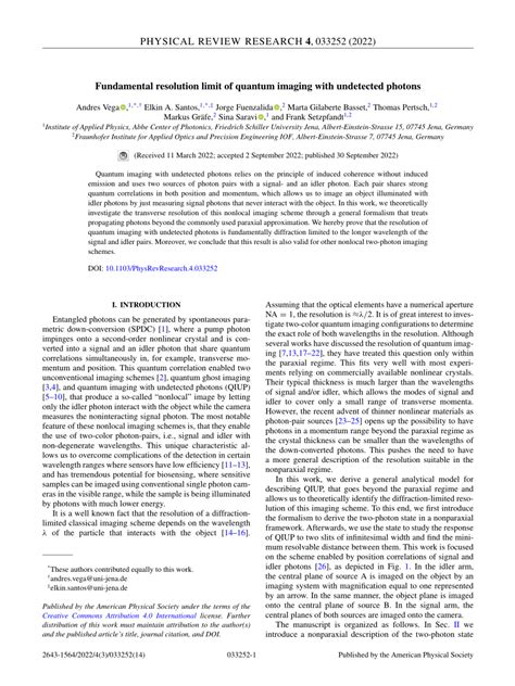 Pdf Fundamental Resolution Limit Of Quantum Imaging With Undetected Photons