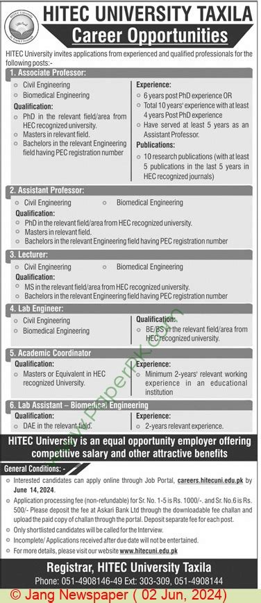 Lab Assistant Jobs In Taxila At Hitec University On June 022024