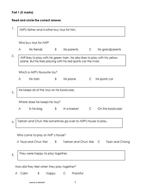Part 1 5 Marks Read And Circle The Correct Answer Uasa Bi Y3 2022
