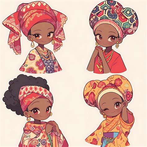 Colorful Female African Tribal Queen Chibi Kawaii African Print Fashi