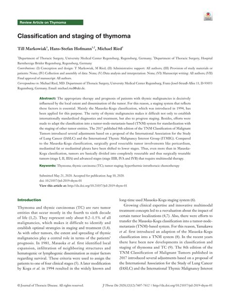 Pdf Classification And Staging Of Thymoma