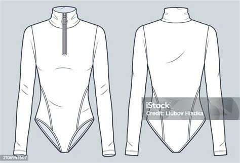 롤 넥 바디 슈트 테크니컬 패션 일러스트레이션 긴 소매 바디 슈트 패션 플랫 기술 도면 템플릿 지퍼 슬림 피트 앞면과 뒷면보기 화이트 여성 최고 Cad 모형 벡터에 대한