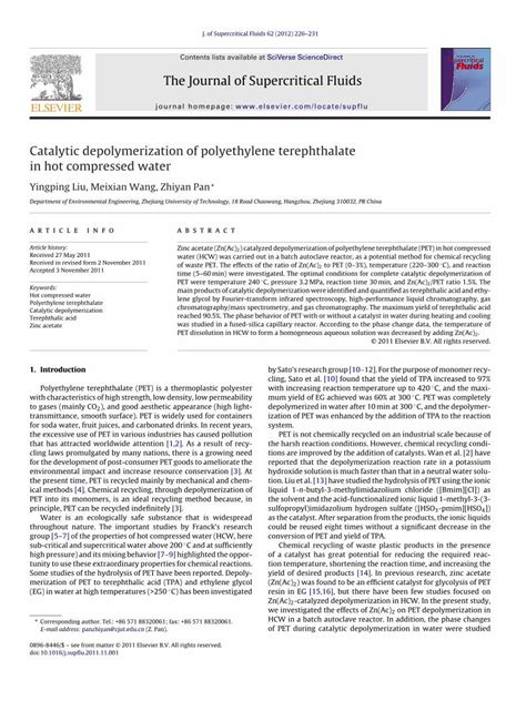 Pdf Catalytic Depolymerization Of Polyethylene Terephthalate In Hot Compressed Water Dokumen