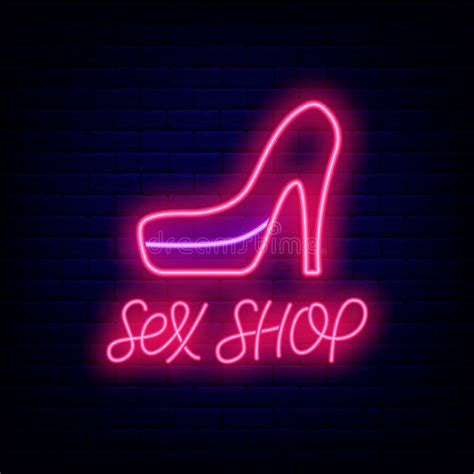 Sex Shop Neon Emblem On Brick Wall High Heeled Shoe Sexual Accessories Editable Stroke