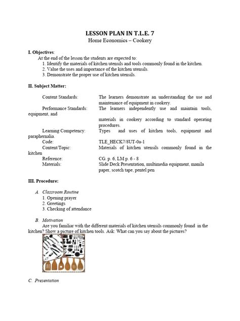 Lesson Plan In Tle 7 Cookery Pdf Kitchen Utensil