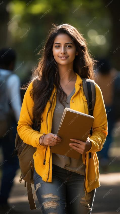 Premium Photo Young Indian College Girl Holding Backpack And Books