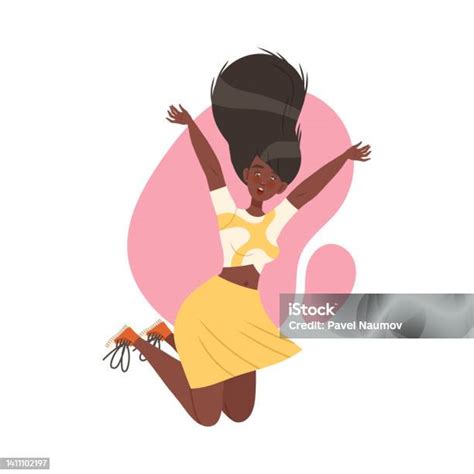 행복한 얼굴로 점프 아프리카 계 미국인 여성 캐릭터 기쁨과 흥분을 느끼는 벡터 일러스트 레이 션 감정에 대한 스톡 벡터 아트 및