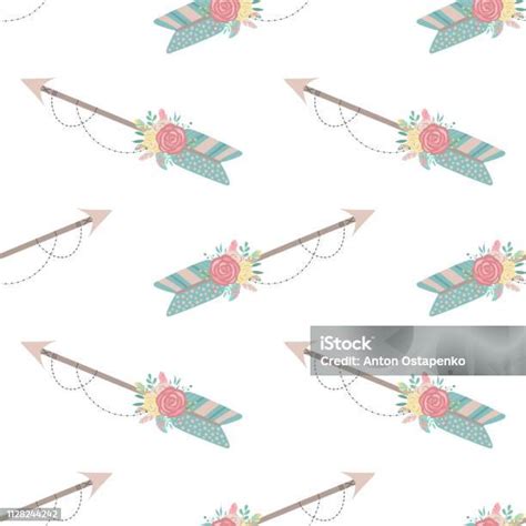 원활한 Boho 패턴입니다 국가 미국 주제에 벡터 이미지입니다 큰 화살표 깃털 꽃과 구슬의 그림 인쇄 배경 직물 종이 휴가 생일 카드 포장에 대 한 귀여운에 대한 스톡 벡터