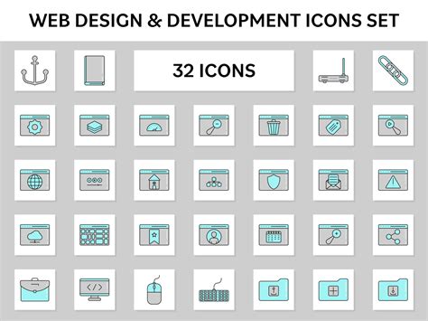 Grey And Turquoise Web Development Icon Set On White Square Background
