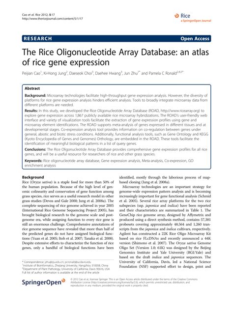 Pdf The Rice Oligonucleotide Array Database An Atlas Of Rice Gene