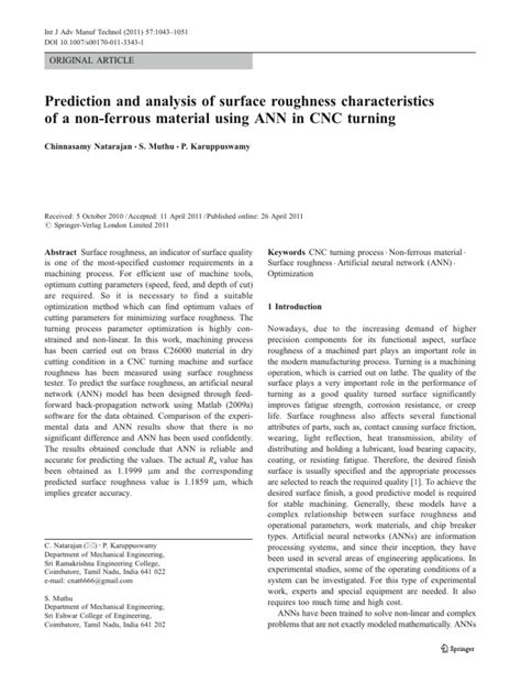 Ijamt 2011 Prediction And Analysis Of Surface Roughness Characteristics Of A Machined Component