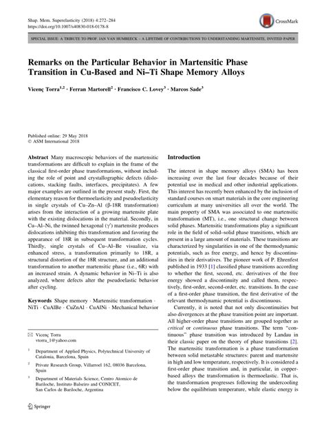 Pdf Remarks On The Particular Behavior In Martensitic Phase Transition In Cu Based And Niti