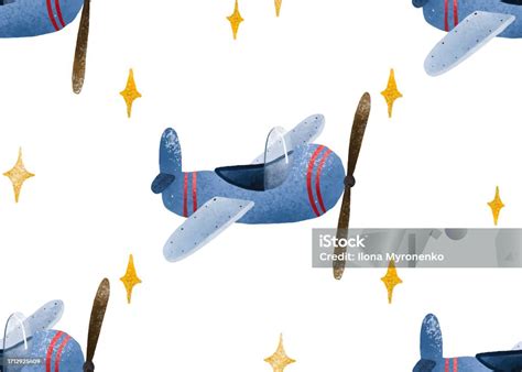 베이비 프린트 아이들을 위한 원활한 패턴 비행기 구름 별 항공 소년을 위한 끝없는 패턴 스칸디나비아 스타일의 항공기와 구름이 있는 손으로 그린 이음매 없는 반복 어린이