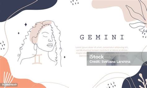 쌍둥이 자리 조디악 기호 한 줄 그리기 추상적 인 여성 얼굴을 가진 점성술 아이콘 수수께끼와 난해한 윤곽선 배경 점성술 수평 배너 미니멀리스트 스타일의 선형 벡터 일러스트