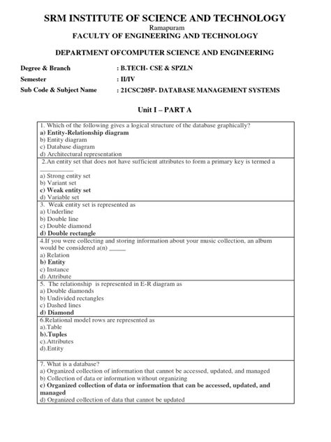 21csc205p Dbms Unit I Qb Pdf Databases Conceptual Model
