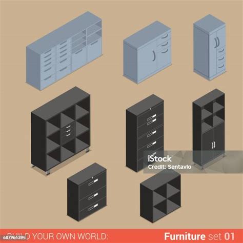 사무용 가구 세트 01 찬 폴더 선반 저장 옷장 캐비닛 가슴 로커 상자 요소 평면 3d 아이소메트리 아이소메트릭 개념 웹 인포 그래픽 벡터 일러스트 레이 션 크리에이 티브