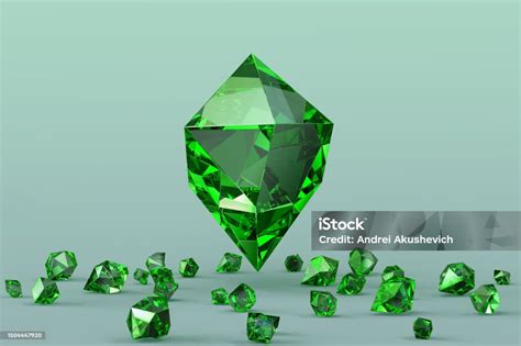 귀중한 에메랄드 돌은 배경 3d 렌더링에 작은 녹색 결정이 흩어져 있습니다 사실적인 광물 보석 반짝이는 보석 바위 천연 보석