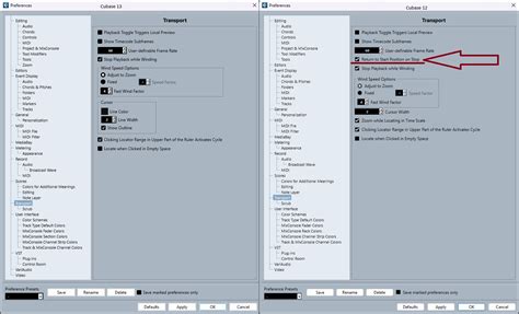 cubase 13 where is the return to start position on stop cubase