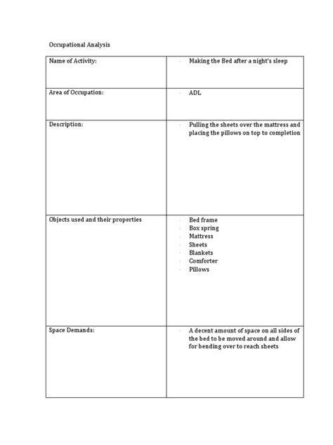 Oth501 Occupational Analysis Form Making The Bed Pdf Bed Mattress