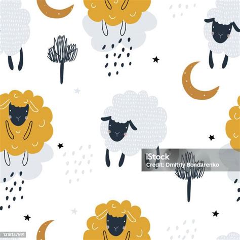 흰색 배경에 귀여운 양과 매끄러운 패턴 직물 포장 용지 엽서 포스터에 인쇄하기위한 벡터 그림 귀여운 아기 배경 양에 대한 스톡