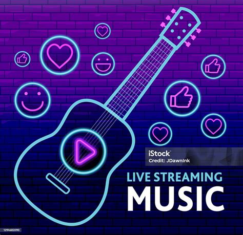 라이브 스트리밍 음악 네온 사인 콘서트 소셜 미디어 배너 디자인 기타와 보라색 벽돌 벽에 버튼 개념을 재생 기타 현악기에 대한 스톡 벡터 아트 및 기타 이미지 Istock