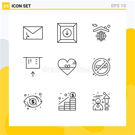 Set Of 9 Vector Outlines On Grid For Favorite Heart Earth Money Atm Stock Vector