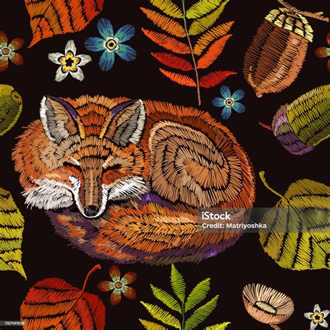 자 수 여우 가을 원활한 패턴 고전적인 9 월 자수 단풍과 잠자는 여우 옷의 디자인을위한 유행 템플릿 10월에 대한 스톡 벡터 아트 및 기타 이미지 Istock