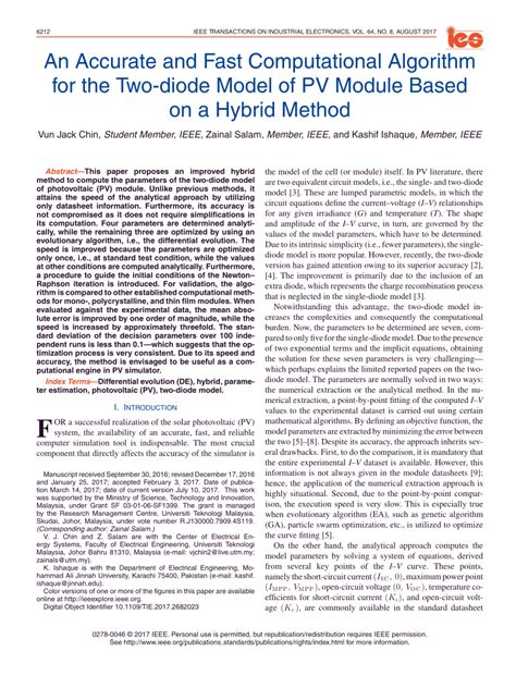 Pdf An Accurate And Fast Computational Algorithm For The Two Diode Model Of Pv Module Based On
