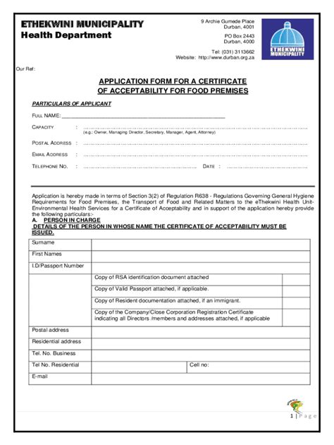 Fillable Online Dag Durban Gov Certificate Of Acceptability For Food Premises Pdf Fax Email