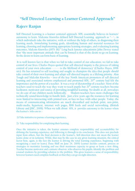 Self Directed Learning A Learner Centered Approach Pdf Educational Assessment Education