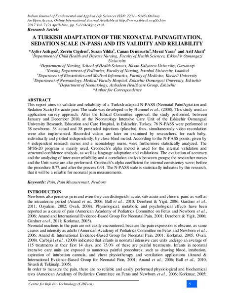 Pdf A Turkish Adaptation Of The Neonatal Painagitation Sedation