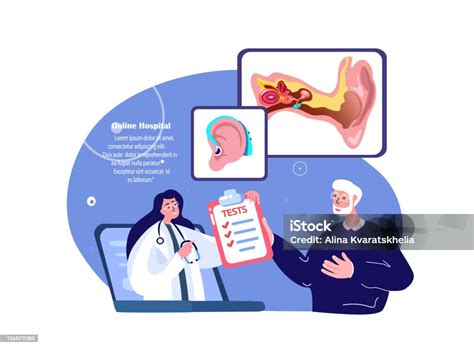 온라인 청각 학자 Ent닥터는 노인 연금 환자 상담청각 장애인 원조 항공 전화 오티틱 보청기 디지털 고막 치료orl 클리닉 인터넷 의료 병원 진단벡터 일러스트레이션 보청기에