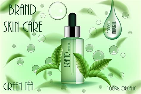 보습 화장품 광고 템플릿입니다 녹차 피부 상관 혈 청 또는 순수한 본질 비행 차 잎과 물방울 3d 성형 제품 디자인 일러스트 레이 션 3차원 형태에 대한 스톡 벡터 아트 및